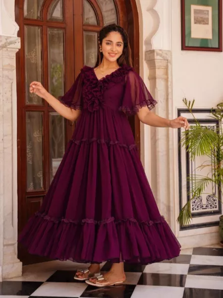 Purple Color Georgette Gown With 6 Meter Big Flair and Fancy Sleeves in ...