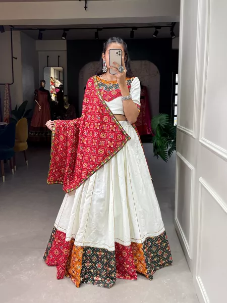 White Navratri Chaniya Choli With Traditional Print and Mirror Work ...