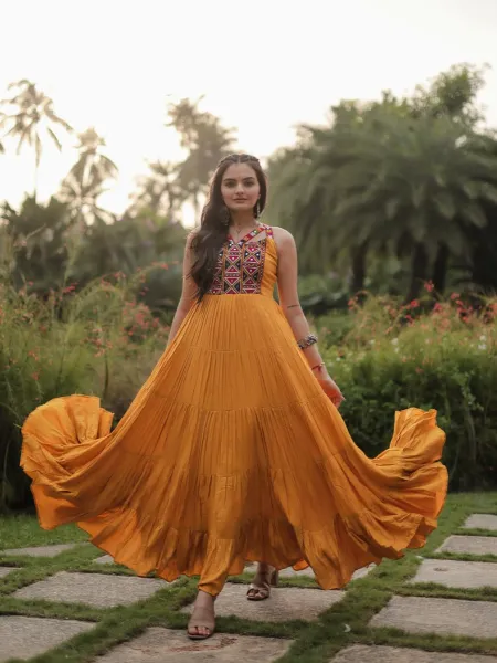 Yellow Color Navratri Gown in Rayon With Gamthi Work and 12 Meter Big ...