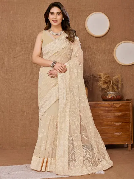 Cream Color Saree in Soft Net With Heavy Embroidery Work Wedding Saree ...