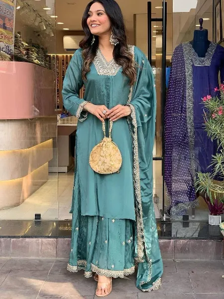 Aqua Color Top and Sharara Suit in Chinon With Sequence Work and ...