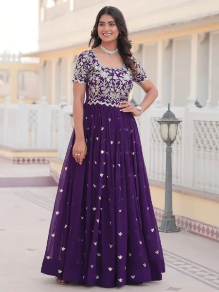 Purple Color Gown in Georgette With Sequence Embroidery Work Indian ...