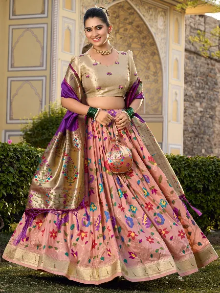 Half Saree Lehenga in Peach Paithani Jacquard With Weaving Thavani ...