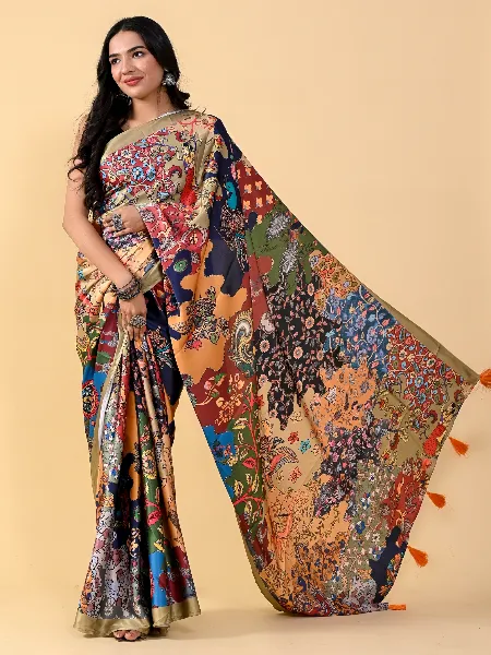 Multi Color Saree in Satin Silk With Kalamkari Digital Print and Blouse in USA, UK, Malaysia ...