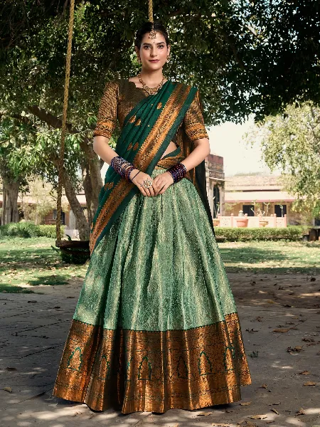 Sea Green Half Saree Lehenga in Jacquard Silk With Zari Weaving Thavani ...