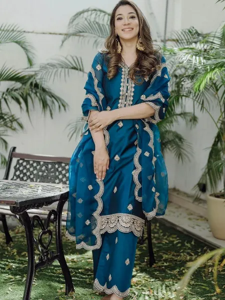 Rama Color Salwar Suit in Cotton With Dupatta and Embroidery Work ...