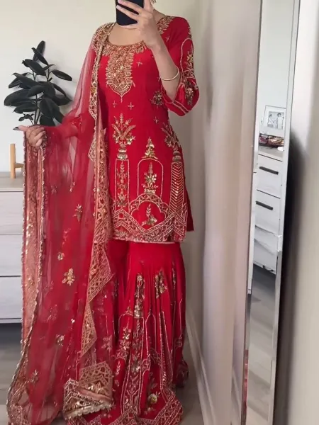 Red Color Sharara Suit in Georgette With Heavy Sequence Work Sharara ...