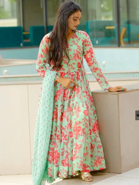 Pista Color Anarkali Dress With Digital Print in Georgette Work With ...