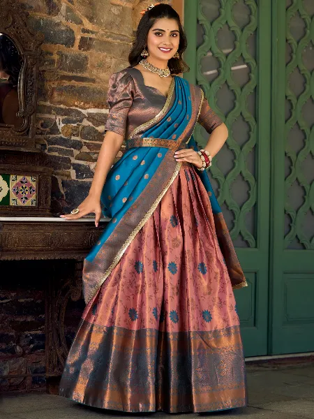 South Half Saree in Pink Jacquard Silk With Zari Weaving Thavani ...
