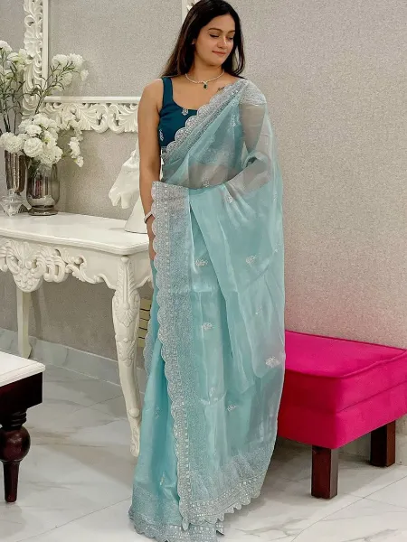 Sky Color Saree in Jimmy Choo With Sequence Embroidery and Cut Work ...