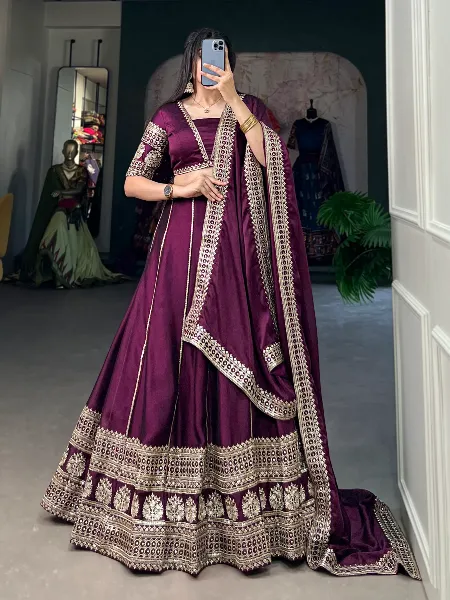 Wine Color Indian Lehenga Choli in Rangoli Silk With Sequins Embroidery ...