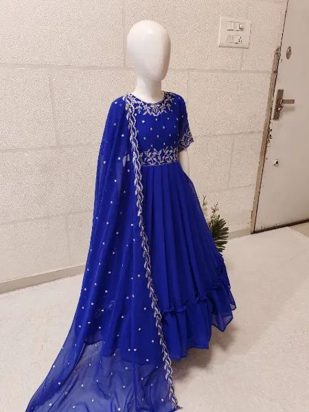 Royal Blue Color Kids Gown in Georgette With Embroidery and Frill Work ...