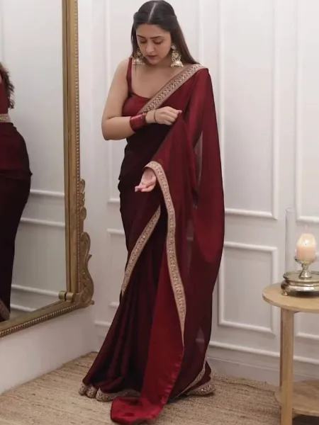 Maroon Indian Saree in Tabby Silk With Embroidery Work Border and ...