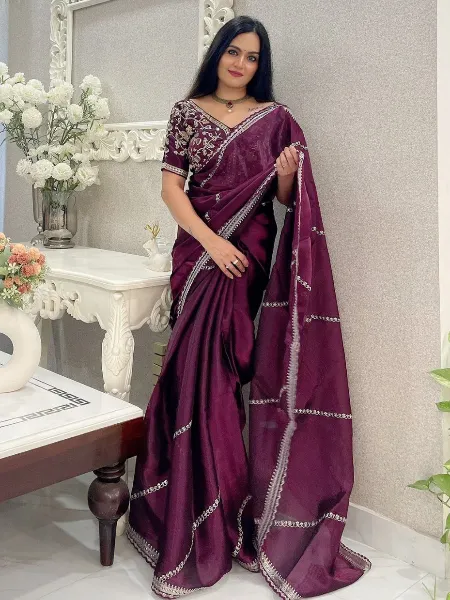 Wine Color Jimmy Choo Saree With Sequence and Cut Work With Heavy ...