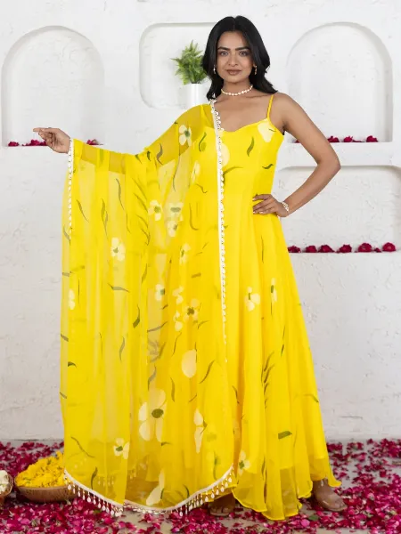 Haldi Dress in Georgette With Floral Print and Dupatta Ready to Wear ...