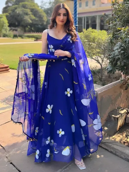 Royal Blue Floral Gown in Georgette With Dupatta Readymade Gown for ...