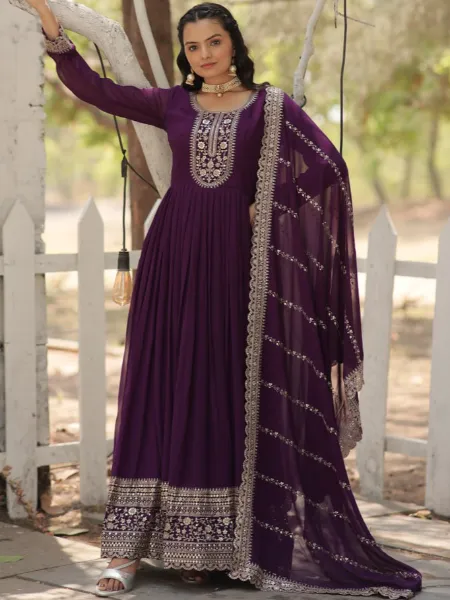 Purple Color Designer Gown in Georgette With Sequence Embroidery and ...