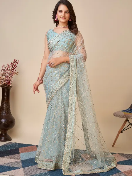 Sky Soft Butterfly Net Indian Sari With Coding Sequence and Cut Work ...