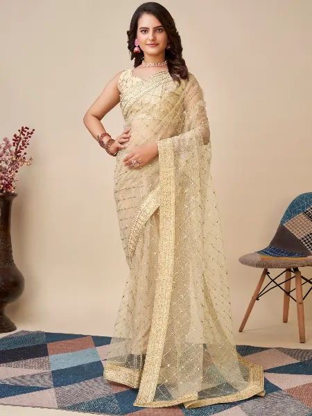 Cream Soft Butterfly Net Indian Sari With Coding Sequence and Cut Work Border in USA, UK ...