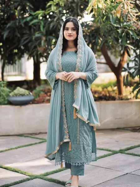 Sky Color Salwar Kameez in Georgette With Sequins Embroidery and ...