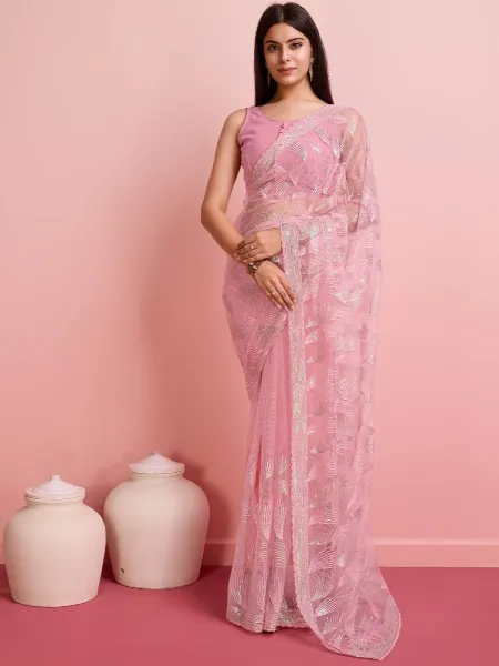 Baby Pink Color Soft Net Saree With Rainbow Sequence Work Night Party ...