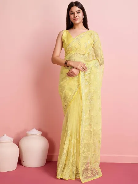 Yellow Color Soft Net Saree With Rainbow Sequence Work Night Party Wear ...