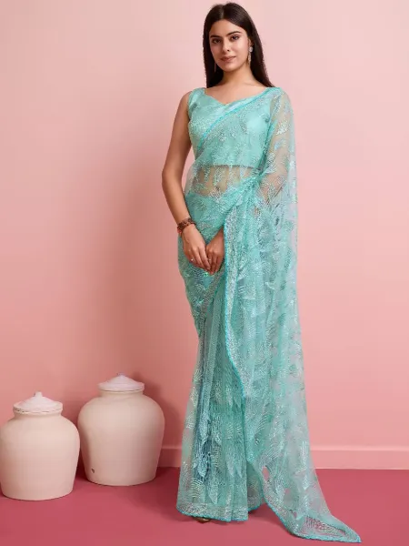 Sky Color Soft Net Saree With Rainbow Sequence Work Night Party Wear ...