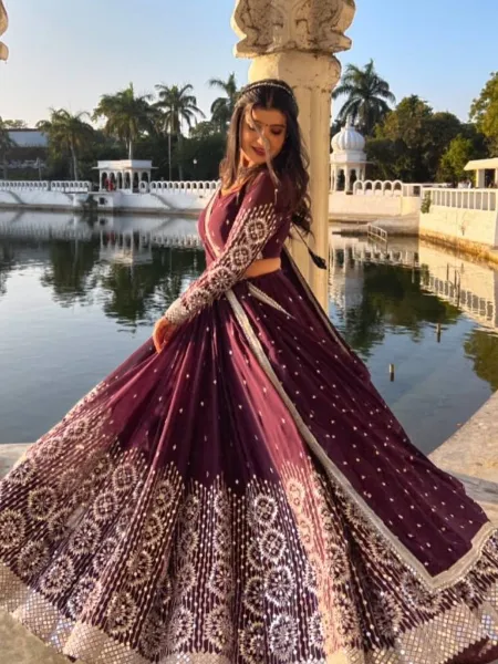 Wine Color Sequence Lehenga Choli in Georgette for Engagement Lehenga ...