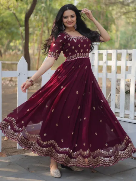 Outfit Sets in Coffee Color Sequence Gown in Georgette With Embroidery ...