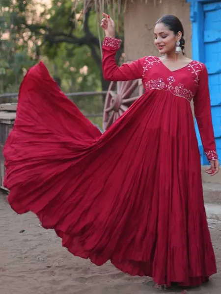 Outfit Sets in Maroon Color Gown in Rayon With Real Mirror Embroidery ...