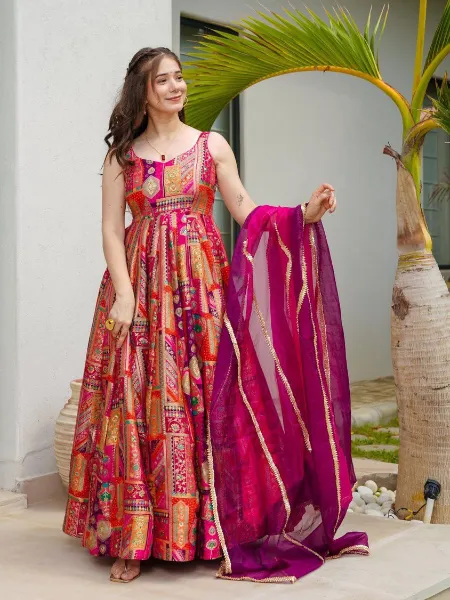 Pink Color Gown in Organza Silk With Dupatta Readymade Gown for Party ...