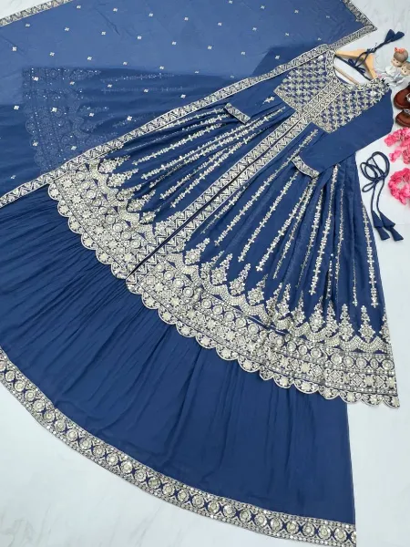 Blue Color Indo Western in Georgette With Heavy Embroidery Sequence ...