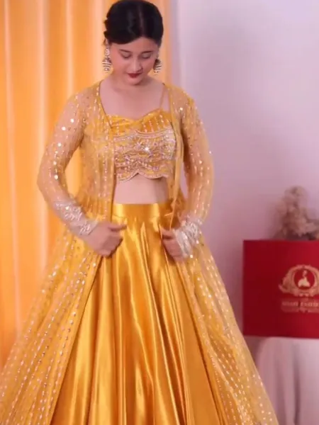 Yellow Lehenga in Satin With Net Choli and Sequence Embroidery Haldi Lehenga in USA, UK ...