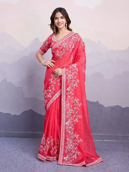 Red Wedding Saree in Tabby Organza With Beautiful Embroidery Work in ...
