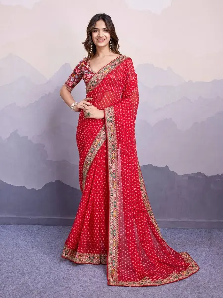 Red Color Saree in Georgette With Heavy Embroidery Blouse and Bandhani ...