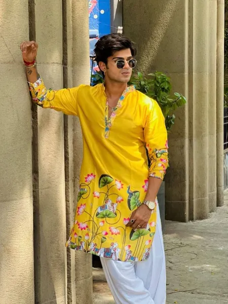 Yellow Men's Kurta in Kota Silk With Kalamkari Print Traditional Men ...