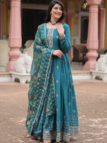 Rama Designer Indian Gown in Chinon With Sequence Embroidery and ...