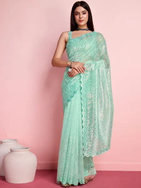 Sky Color Saree in Twill Net With Sequence and Cut Work With Blouse in ...
