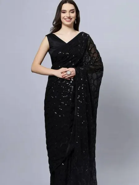 Black Color Sequence Saree in Georgette for Party Wear and Night Event ...