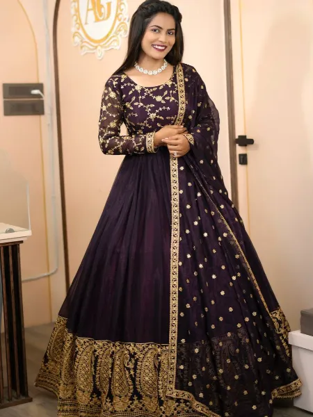 Wine Color Gown in Shimmer Silk With Heavy Sequence Embroidery and ...