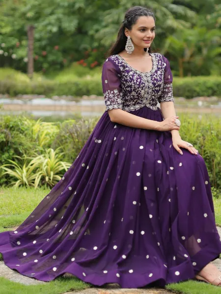 Purple Color Reception Party Gown in Georgette With Sequence Embroidery ...