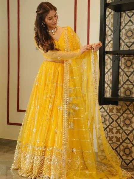 Haldi Ceremony Lehenga Choli in Mono Net With Heavy Sequence Work Haldi Lehenga in USA, UK ...