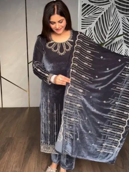 Grey Color Eid Salwar Suit With Embroidery Work in Velvet Suit for Eid ...