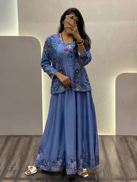 Lavender Color Designer Gown in Chinon With Sequence Embroidery and ...