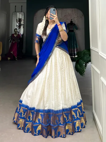 White and Royal Blue Half Saree Lehenga in Poly Cotton Zari Chex With ...