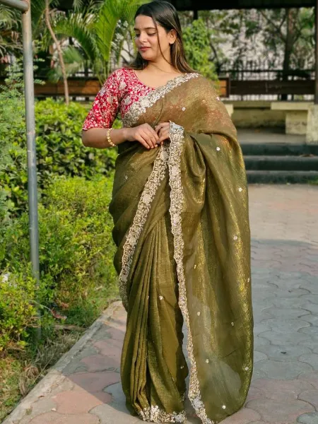 Mehendi Color Saree in Crush Silk With Sequence Embroidery Work and ...