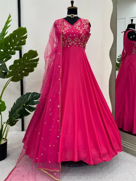 Pink Color Gown in Chinon With Beautiful Sequence Embroidery and ...
