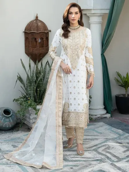 White Eid Salwar Suit With Heavy Sequence Embroidery and Rivet Work Eid ...