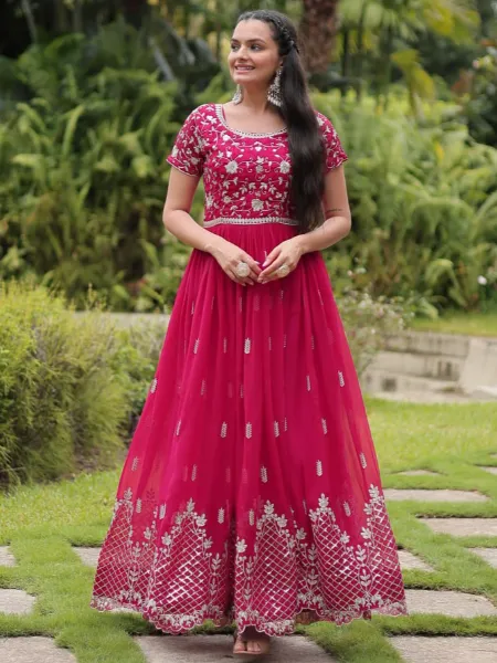 Pink Color Reception Party Gown in Georgette With Sequence Embroidery ...