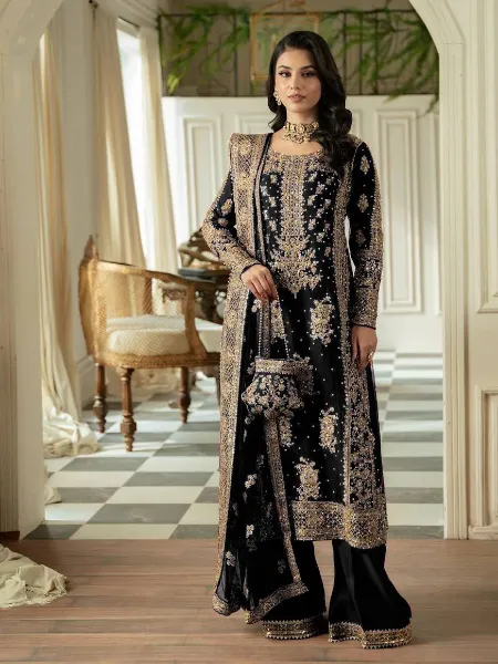 Eid Dress in Black Georgette With Embroidery and Rivet Moti With ...